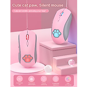 PHNIXGAM Cat Paw RGB Gaming Mouse, Silent Optical Computer Mice USB Wired with 6 Adjustable DPI Up to 7200, RGB Lighting, 6 Programmable Buttons for Windows/Vista/Linux (Pink)
