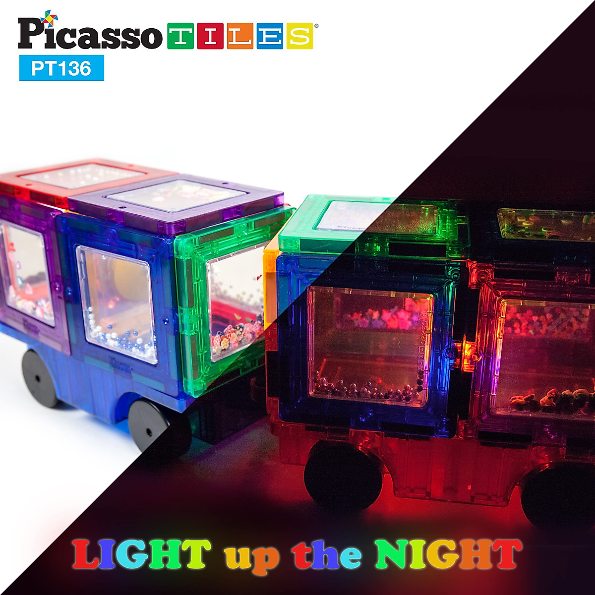PicassoTiles 136 Piece S.T.E.A.M. Building Block Set with 66 Magnetized Clip-in Insert Cards Toy Construction Kit PT136 Magnet Building Tiles Clear Color Magnetic 3D Educational Blocks Click-in Card
