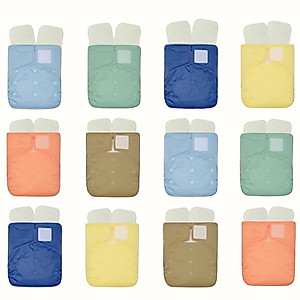 KaWaii Baby Pack of 12 Heavy Duty HD2 Cloth Diapers with 24 Premium 5-Layer Diaper Inserts, Leakproof, Reusable, Daycare Nappies, fits Babies 8-36 lbs