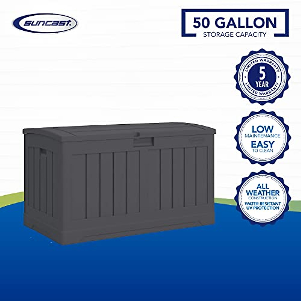 Suncast 50-Gallon Outdoor Resin Patio Deck Storage Box with Seat, Peppercorn