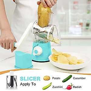 Elyum Rotary Cheese Grater Manual Cheese Grater with Handle 3 Interchangeable Stainless Steel Blades Cheese Shredder Strong Suction Base Cheese Graters for Kitchen Vegetables, Cheese and Nuts (Blue)