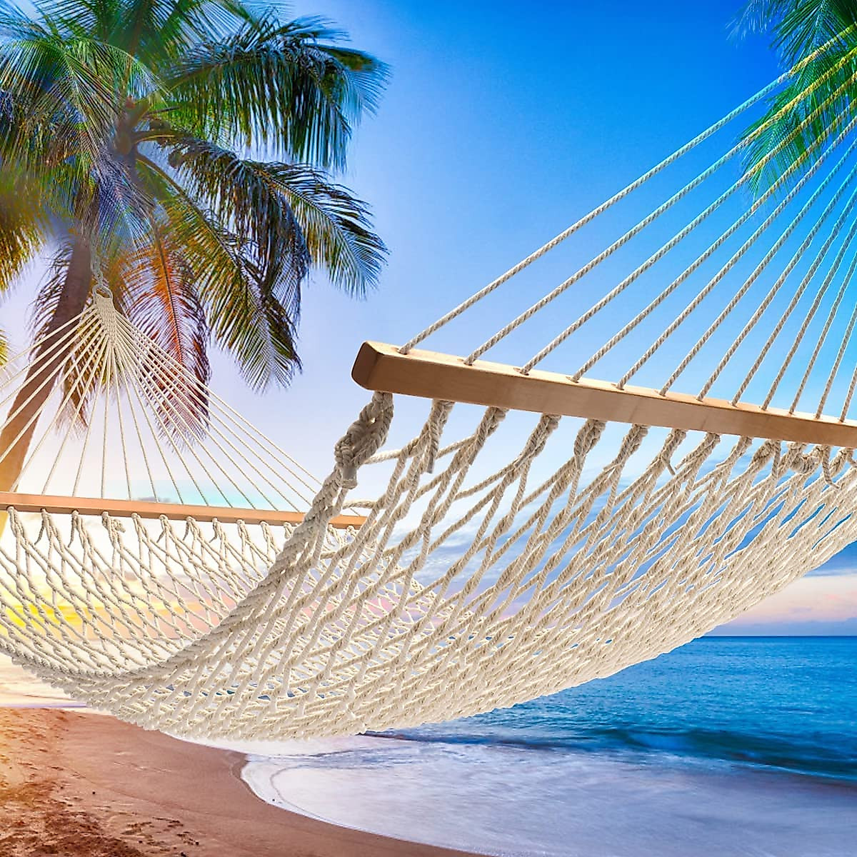 Y- STOP Hammocks, Traditional Cotton Rope Hammock with Chains and Hooks for Outdoor, Indoor, Patio Yard, Double Solid Wood, for Two Person, Max 440 Lbs (Natural)