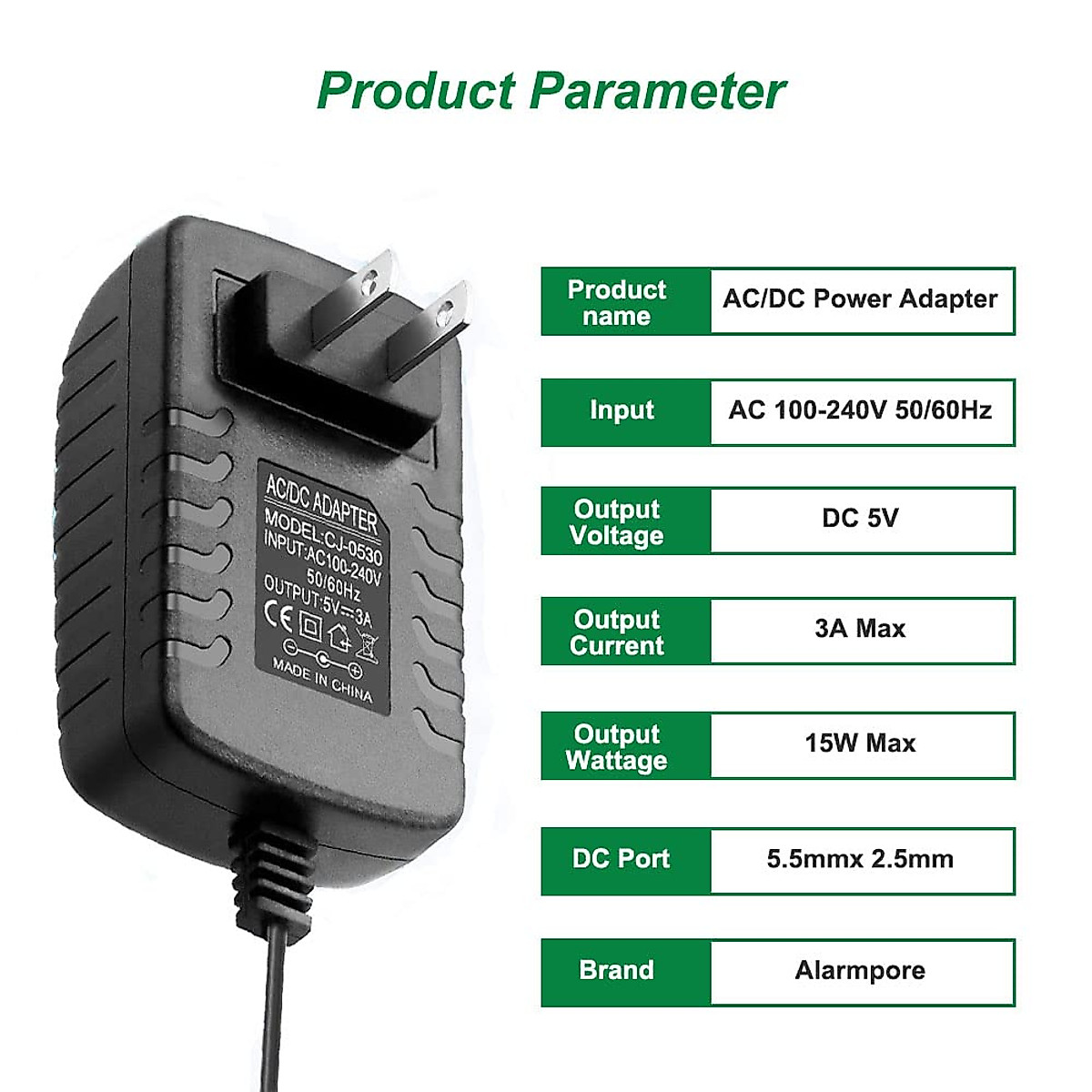 5V 3A 15W Power Supply 100V~240V AC to 5Volt DC Adapter with 5.5mm x 2.1mm Connector Plug for 2.5A 2A 1.5A 1A 500ma 300ma Led Strip, String Lights, CCTV Cameras, Security System