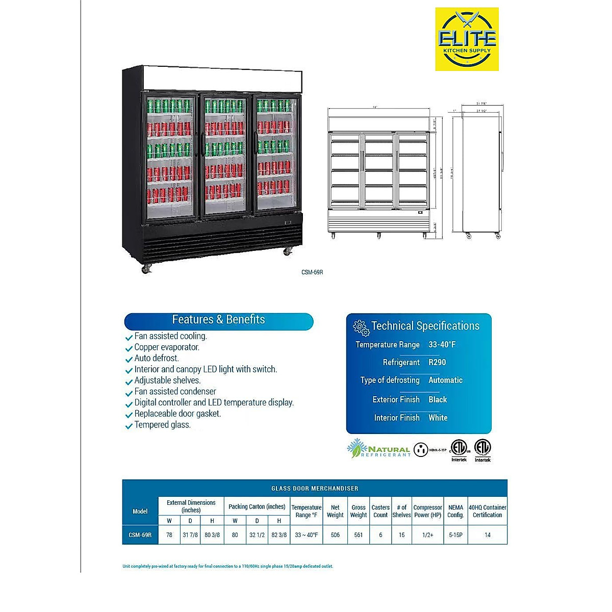 Elite Kitchen Supply Commercial Display Merchandiser Refrigerator, ETL NSF Fridge Cooler with 3 Glass Doors in Black, 3 Section Upright Reach-in, 78" W 69.43 cu. ft. Fan Cooling