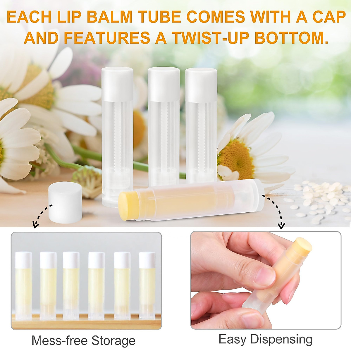 LotFancy Lip Balm tubes Empty, 60PCS 5.5ml (3/16 Oz), Clear Lip Balm Container Tubes with White Caps, BPA Free & Leak Free, Refillable
