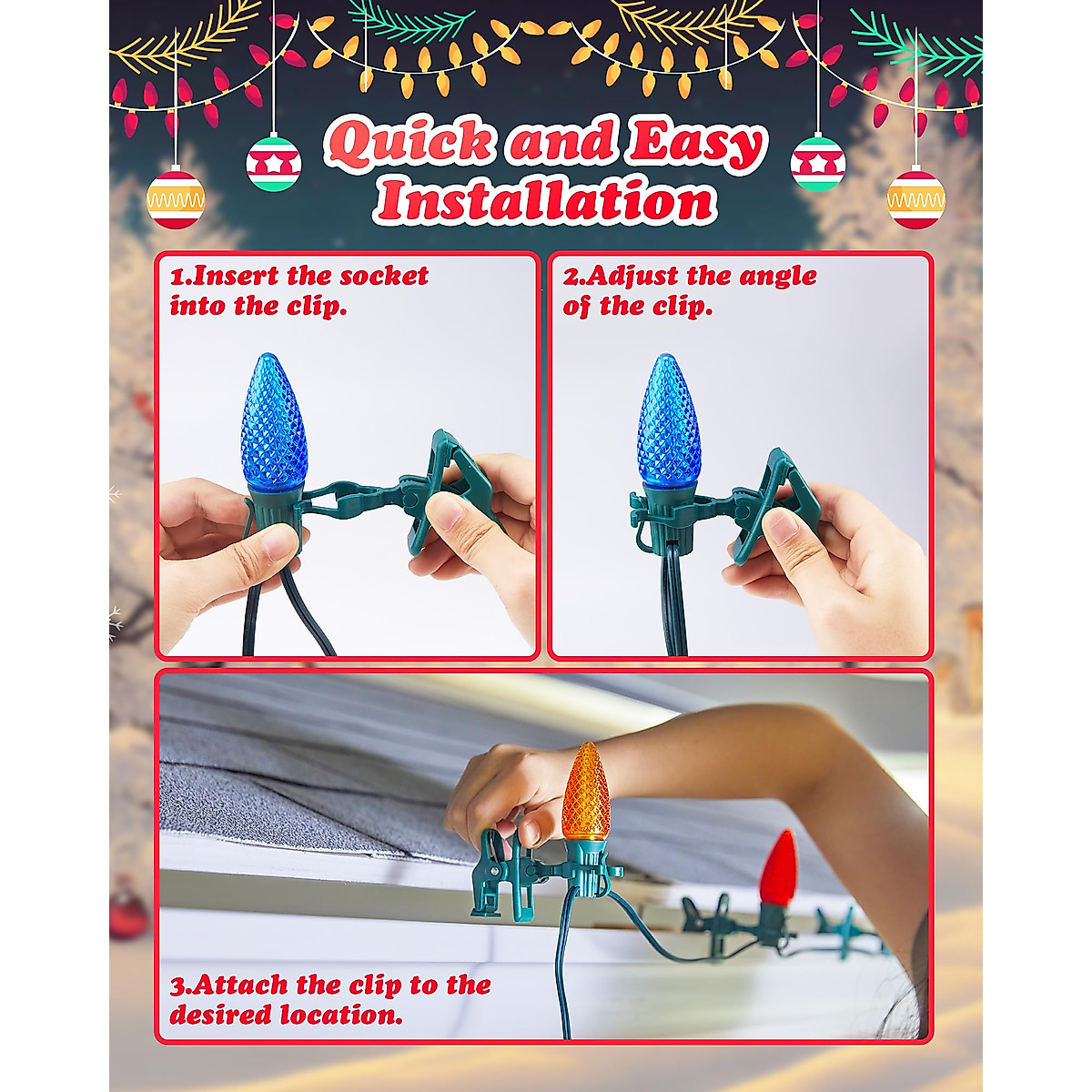 Minetom C7 C9 Christmas Light Clips Outdoor, 100 Count Universal Quick Christmas Light Spring Clips for Outside Roof Gutter Shingle Fence E12 E17 Base