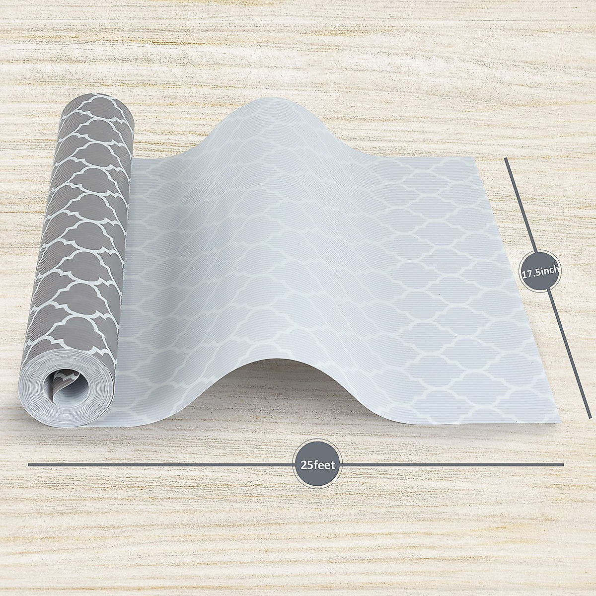 Moretoes Shelf Liners for Kitchen Cabinets, Non-Adhesive 17.5 Inch x 25 Feet Non Slip Durable and Strong Drawer Liner Roll for Wire Shelf Cupboard Dresser Closet (White Rhombus Gray Bottom)