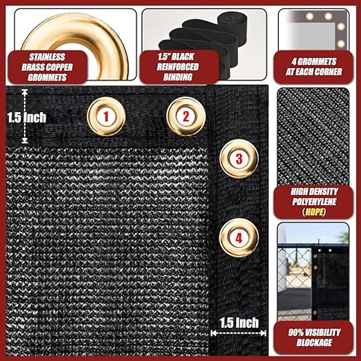 Amgo 6' x 50' Black Fence Privacy Screen, Commercial Standard Heavy Duty Windscreen with Bindings & Grommets, 90% Blockage, Cable Zip Ties Included (We Make Custom Size)