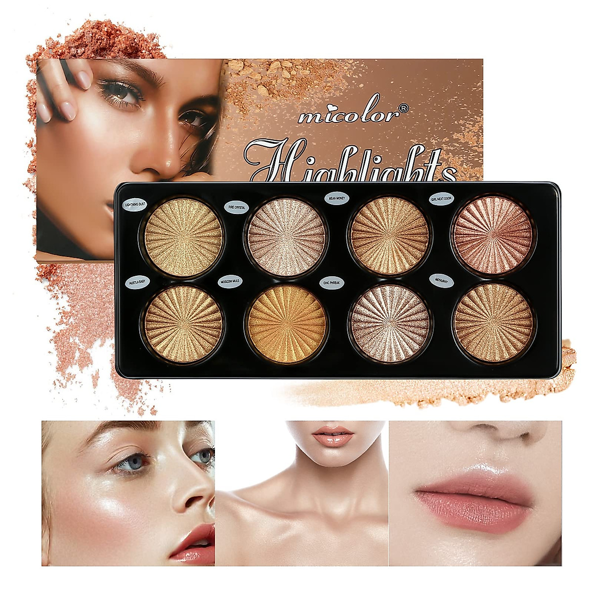 Beteligir 8 Color Highlighter Powder Palette, Facial Bronzers Illuminator Palette Highlighter, Long Lasting Brilliant Lighten Skin Color Face Make Up Palette Set (01)