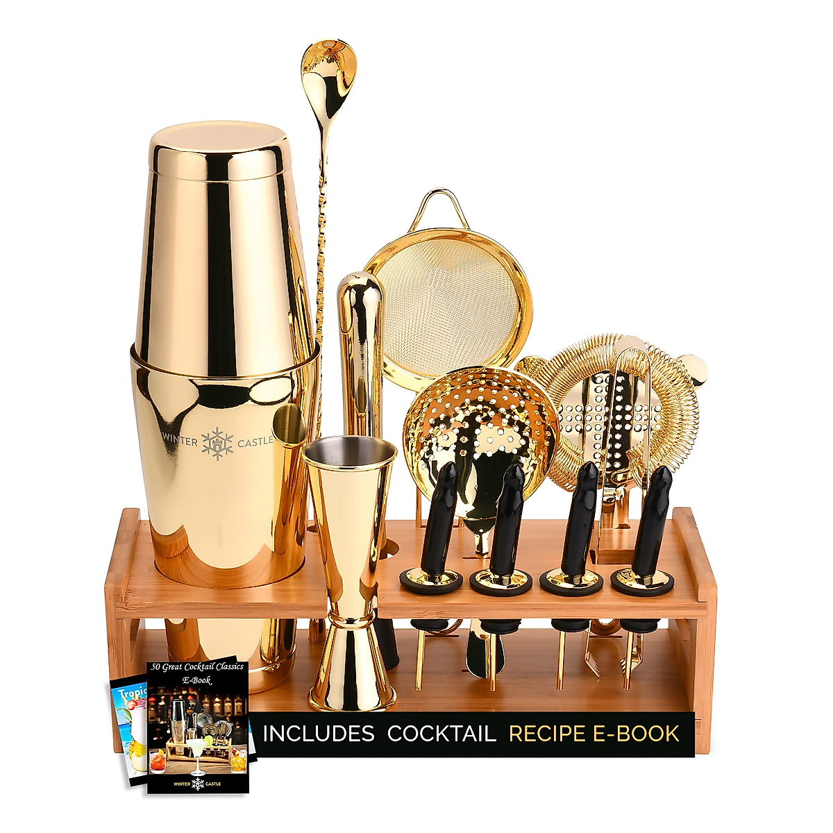 Cocktail Shaker Set 18 Piece, Mixology Equipment, All-in-One Cocktail Set, Drink Shaker, Strainers and Essential Bar Tools, Bar Set for Beginner & Professional Use, Gold - WinterCastle Enterprises