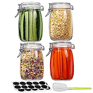 Fixwal 32Oz 4 Pack Glass Jars with Airtight Lid, Airtight Glass Jar with Lids for Food and Pantry, Wide Mouth Mason Jars With Hinged Lids Jars Airtight Glass Food Containers (Labels & Leak Proof Rubb