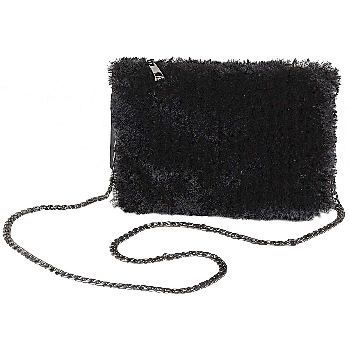 Luxe L 100% Faux Fur Clutch Handbag for Women Soft Modern Purse Wallet with 2-Zippered Compartments, Black