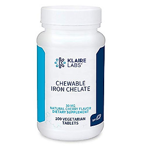 Klaire Labs Chewable Iron Chelate - 30 Milligrams Elemental Iron, Easy on The Stomach & Hypoallergenic, Natural Cherry Flavor (100 Tablets)