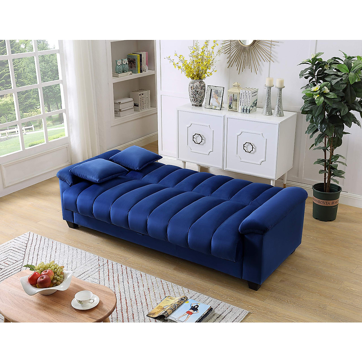 Legend Vansen 83" Convertible Modern Velvet Storage Sleeper Sofa Bed in Blue