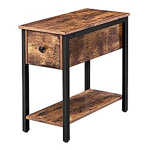 HOOBRO Side Table, 2-Tier Nightstand with Drawer, Narrow End Table for Small Spaces, Stable and Sturdy Construction, Wood Look Accent Furniture with Metal Frame, Rustic Brown and Black BF04BZ01