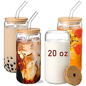 20 OZ Glass Cups with Bamboo Lids and Glass Straw - 4pcs Set Beer Can Shaped Drinking Glasses, Iced Coffee Glasses, Cute Tumbler Cup for Smoothie, Boba Tea, Whiskey, Water - 2 Cleaning Brushes