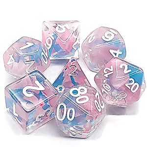 DND Polyhedral Dice RPG Dice for Dungeons and Dragons,Pathfinder,MTG,D&D Role Playing Game,Pink Blue Flower Transparent Dice Set,with Grey Waterproof Bag