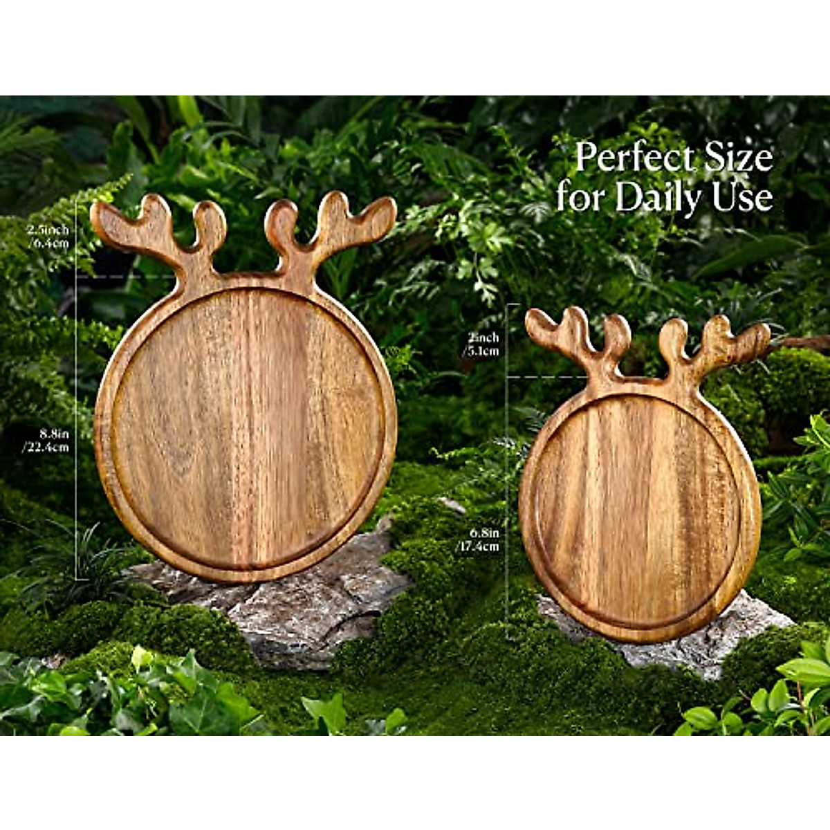 Dofira Acacia Wood Serving Platter, Decorative Deer Antler Design, 8" Round Wooden Food Dish Display Plate, Charcuterie Board Tray for Cheese Fruit, Kitchen Gift for Housewarming Wedding (Gift Box)