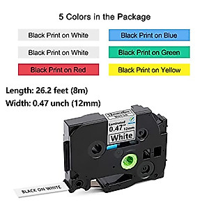 Techlink TZc-231 TZe 131 Compatible with Brother Label Maker Tape Laminated P Touch PT-D210 PT-H110 PT-D220 PTD400 PTD410 Label Tabe Maker 12mm x 8m (6 pcs White/Clear/Yellow/Red/Green/Blue Package)