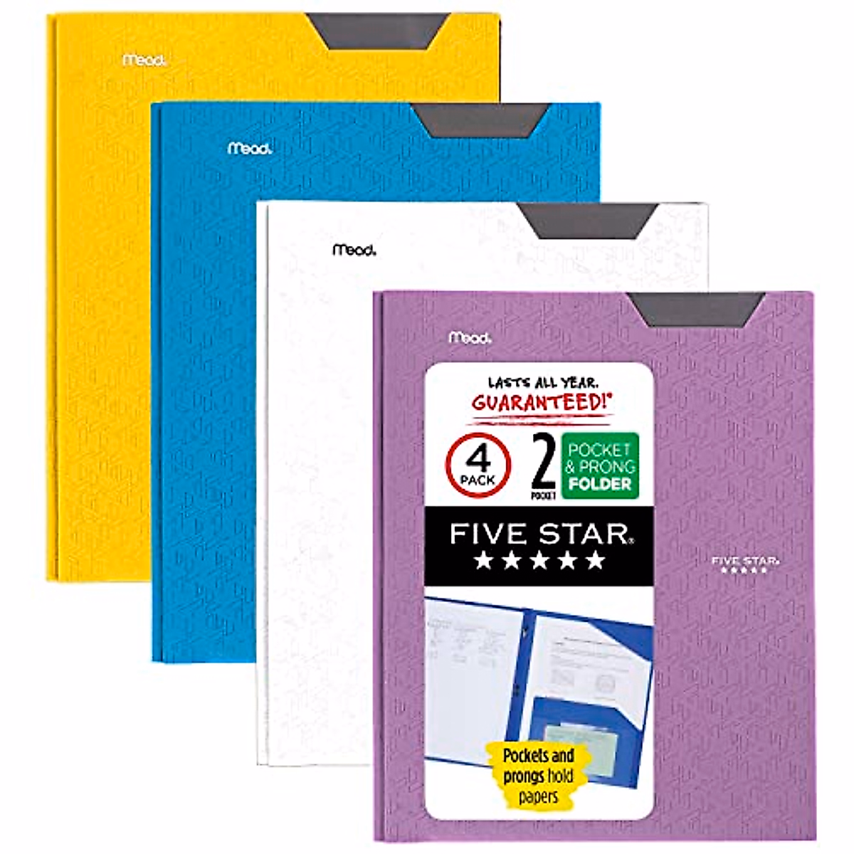 Five Star 2 Pocket Folder, 4 Pack, Plastic Folders with Stay-Put Tabs and Prong Fasteners, Holds 8-1/2” x 11" Paper, Writable Label, Assorted Colors (38064)