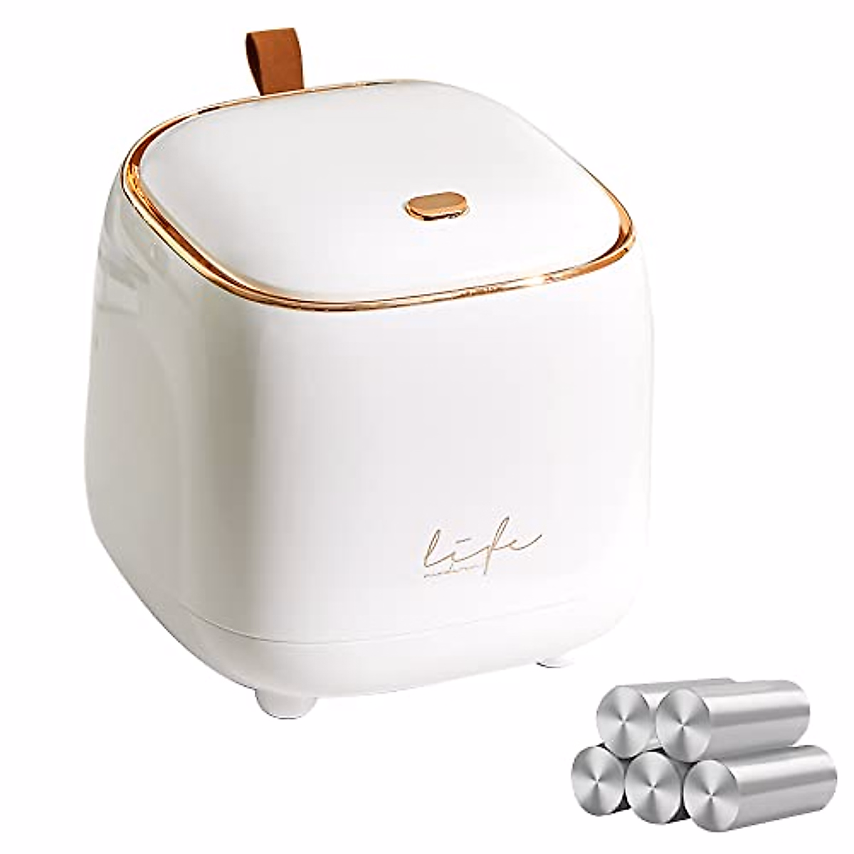 Mini Countertop Trash Can with 5 Rolls of Trash Bags, Waste Can with Press Type Lid, 0.5 Gallon/1.5 Liter Wastebasket Trash Can Dispenser, Mini Bin for Bathroom Vanity,Coffee Table (White)