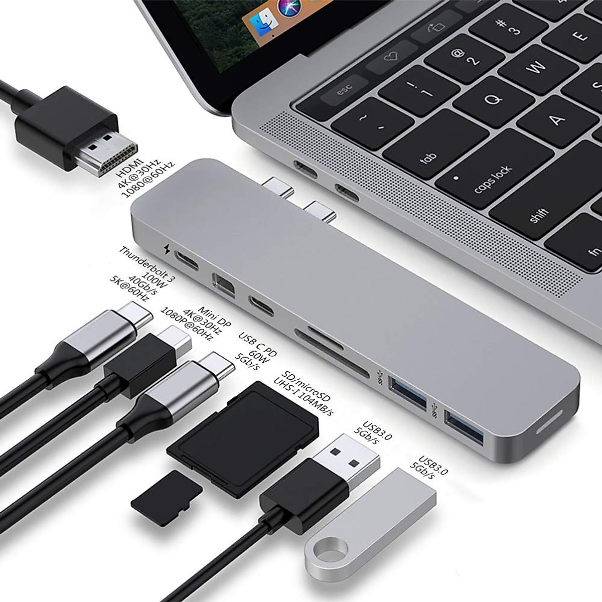 HyperDrive Mac USB C Hub Adapter, Multi-Port Hub MacBook Pro 2020 2019-2016, MacBook Air 8-in-2 Dongle w Thunderbolt 3, USB-C 100W PD, 4K HDMI, MiniDP, microSD/SD Card Reader, 2xUSB A - Gray