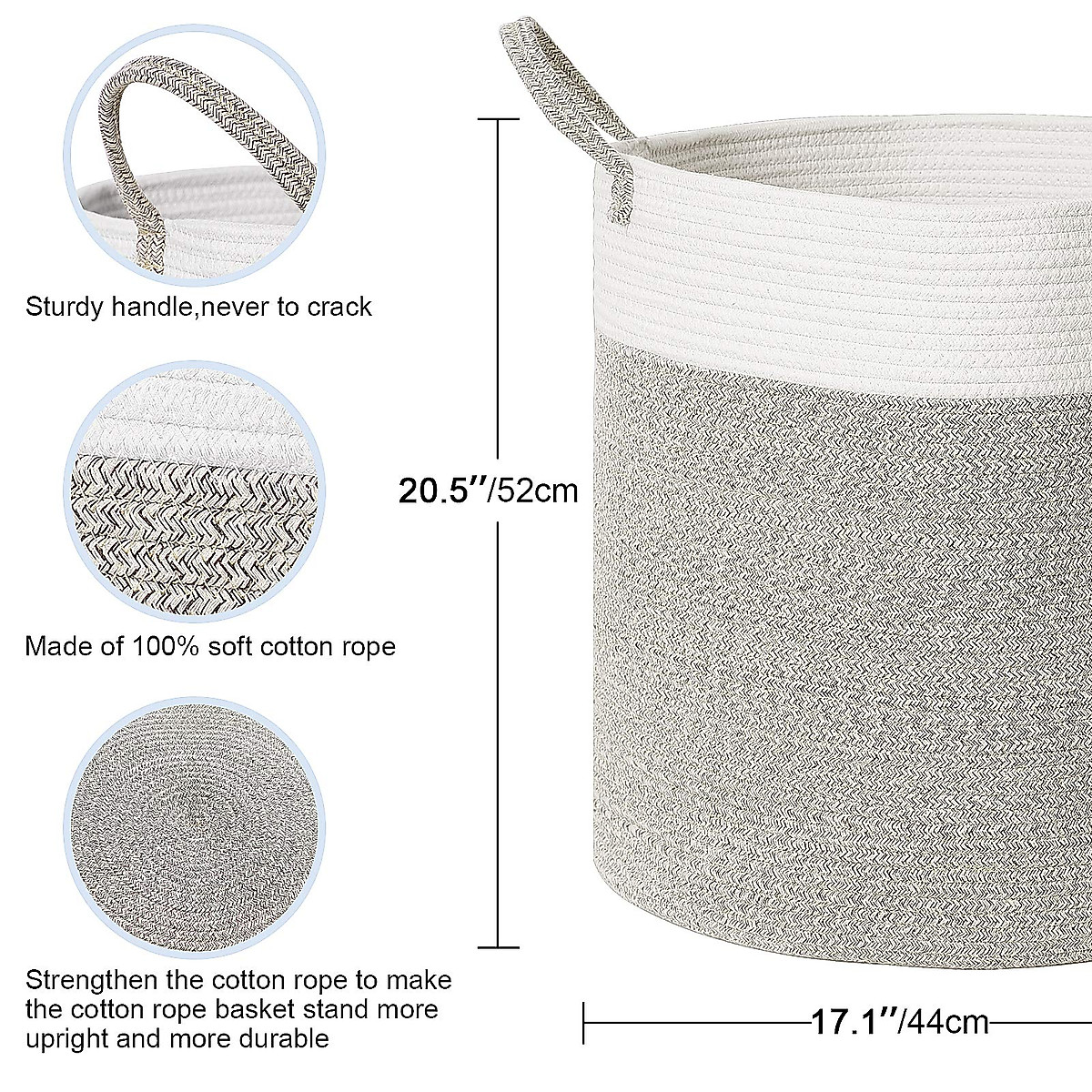 Large Cotton Rope Storage Basket - 18'' x 18'' x 20'' Woven Blanket Basket, 80L Baby Toys Basket, 100% Natural Cotton Laundry Hamper for Nursery Storage, Closet, Bedroom - White Brown