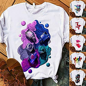 Womens Short Sleeve Tops Nail Polish Printed Tshirt Summer Versatile Tees White O Neck Pullover, Large