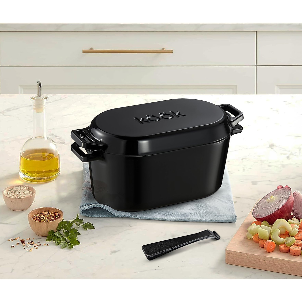 KooK Dutch Oven, Oven for Sourdough Bread Baking, with Lid, Dual Handles, Enameled Cast Iron, includes Lid Lever, Great for Baking Bread, Cooking and Roasting, Dishwasher Safe, 3.4 Qt, Black