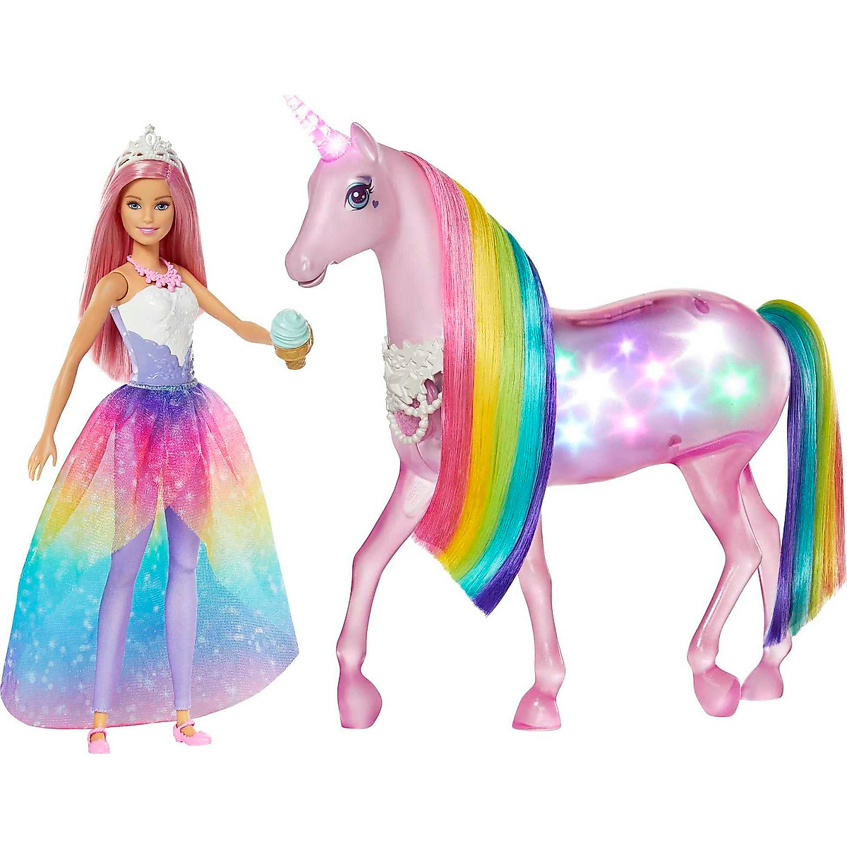 Barbie Dreamtopia Magical Lights Unicorn with Rainbow Mane, Lights and Sounds, Princess Doll with Pink Hair and Food Accessory, Gift for 3 to 7 Year Olds, Multi, Única