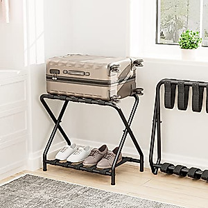 HOOBRO Luggage Racks Set of 2, Folding Suitcase Stand for Guest Room, Metal Luggage Holder with Storage Shelf, Bedroom, Hotel, Black BK03XLP201G2
