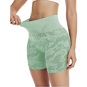 YEOREO Women Seamless Camo Workout Shorts High Waisted Gym Yoga Workout Sage Green M