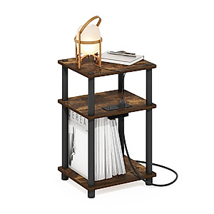 Furinno Just 3-Tier Turn-N-Tube Open Storage Side Table, End Table with USB and Type-C Charging Station, Amber Pine/Black