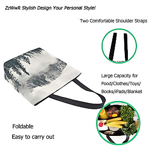 ZzWwR Stylish Banff National Park Foggy Mountains and Forest Extra Large Canvas Beach Travel Reusable Grocery Shopping Tote Bag Portable Storage HandBag
