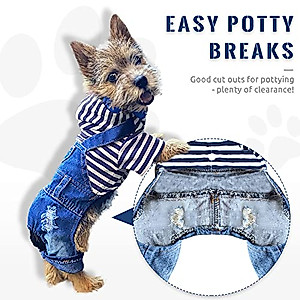 DOGGYZSTYLE Small Dog Hoodie Clothes Cute Stripe Shirts Denim Jumpsuit One-Piece Outfit for Small Medium Dogs Cats Boy Girl Chihuahua Blue Jeans Overalls Puppy Costume (Blue,XS)