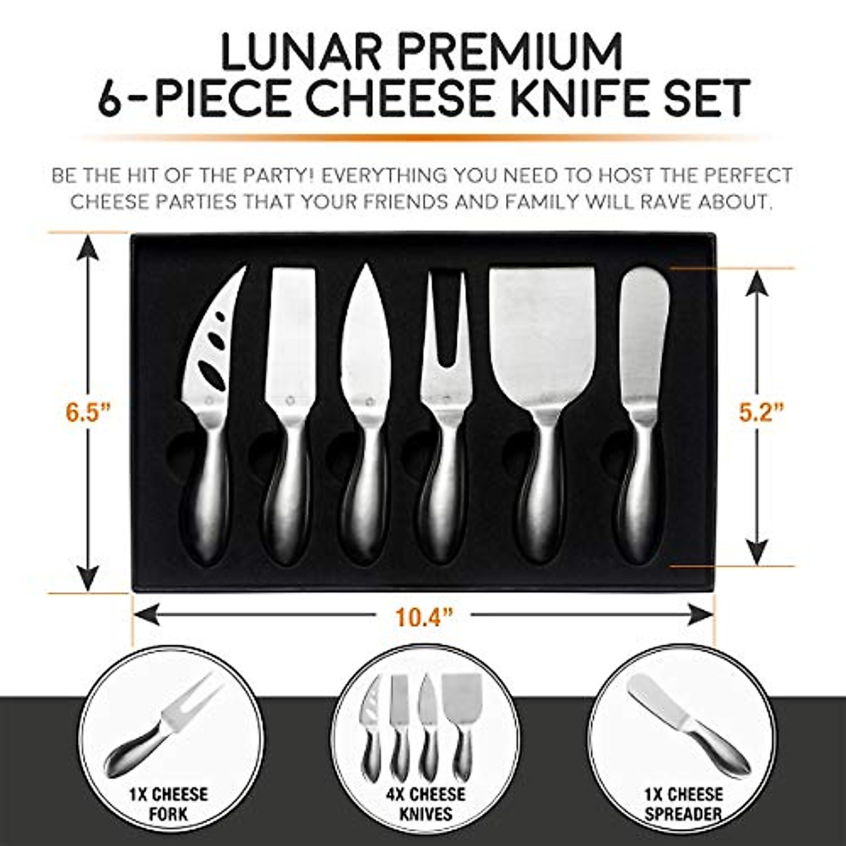 ICOSA Living Lunar 6-Piece Cheese Knife Set - Premium Stainless Steel Cheese Knives Collection - Charcuterie Board Accessories Gift Ready w/ 15 Festive Recipes