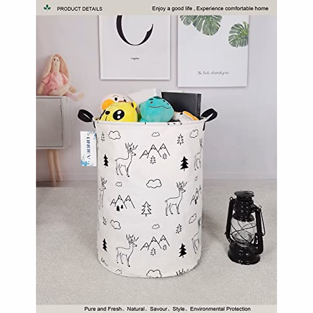 ONOEV Round Fabric Storage Bin,Decorative Basket,Organizer Basket with Handles,for Clothes Storage,books and sundries(Forest deer), 19.7inch(H) x 15.7inch(D)