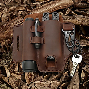 Carimee Multi-Tools Leather Sheath, Brown EDC Belt Organizer with Flashlight Holder, Pen Holder, Multi-Tools Pouch and Key Chain Clip, Multitool Belt Sheath for Work and Daily Use, Ideal Gift for Men