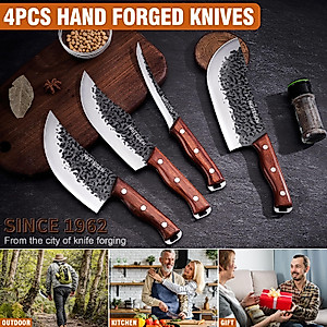 Naitesen Butcher Knife Set 4, Hand Forged Serbian Kitchen Chef Knife Meat Cleaver Breaking Knife Boning Knife Hand Forged Very Sharp for Meat Cutting Home Kitchen Cooking BBQ