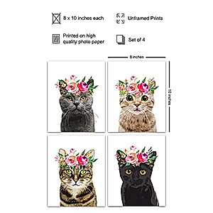 Tabby Cat, Gray Cat, Black Cat Wall Decor - Gift for Kitten, Kitty, Cat Lovers, Women - Cute Floral Wall Art, Room Decoration for Girls Bedroom, Kids Room, Living Room, Nursery - Adorable Poster Set