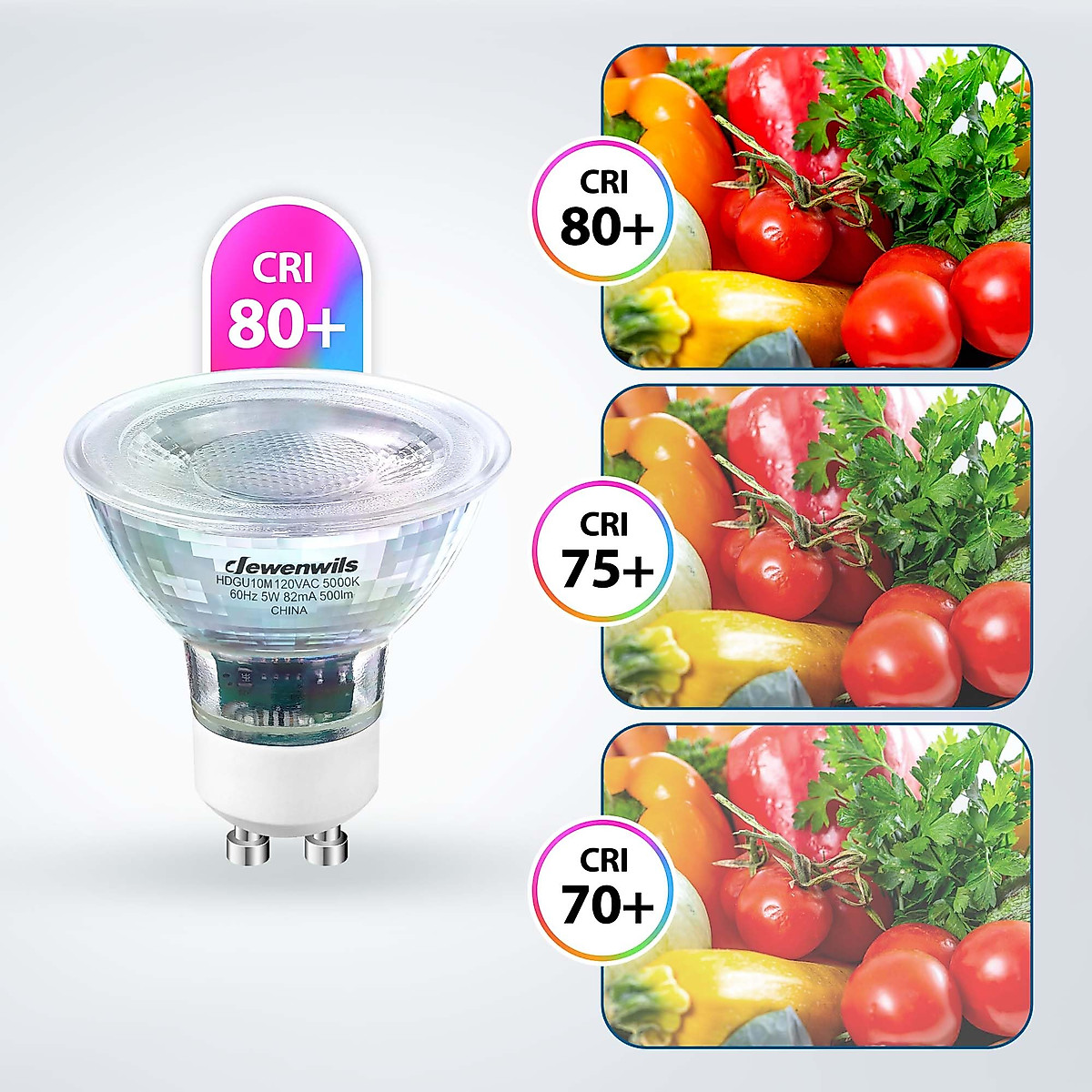 DEWENWILS 10-Pack GU10 Bulb Dimmable, LED Bulb Replacement for Track Lighting, Two Prong Bulb with Glass Cove for Range Hood, 50W Equivalent, 500LM, UL Listed (5000K Daylight White - 35°Beam Angle)