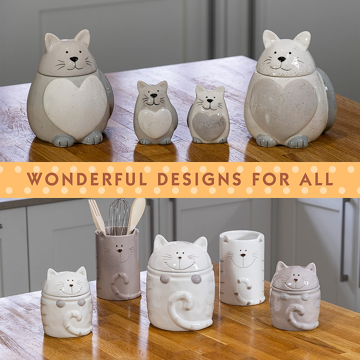 SPOTTED DOG GIFT COMPANY Ceramic Utensil Holder for Kitchen Counter, Utensil Crock for Countertop, Decorative Cat Themed Home Kitchen Decor Accessories, Gifts Cat Lovers, White 4.3" x 6.3"