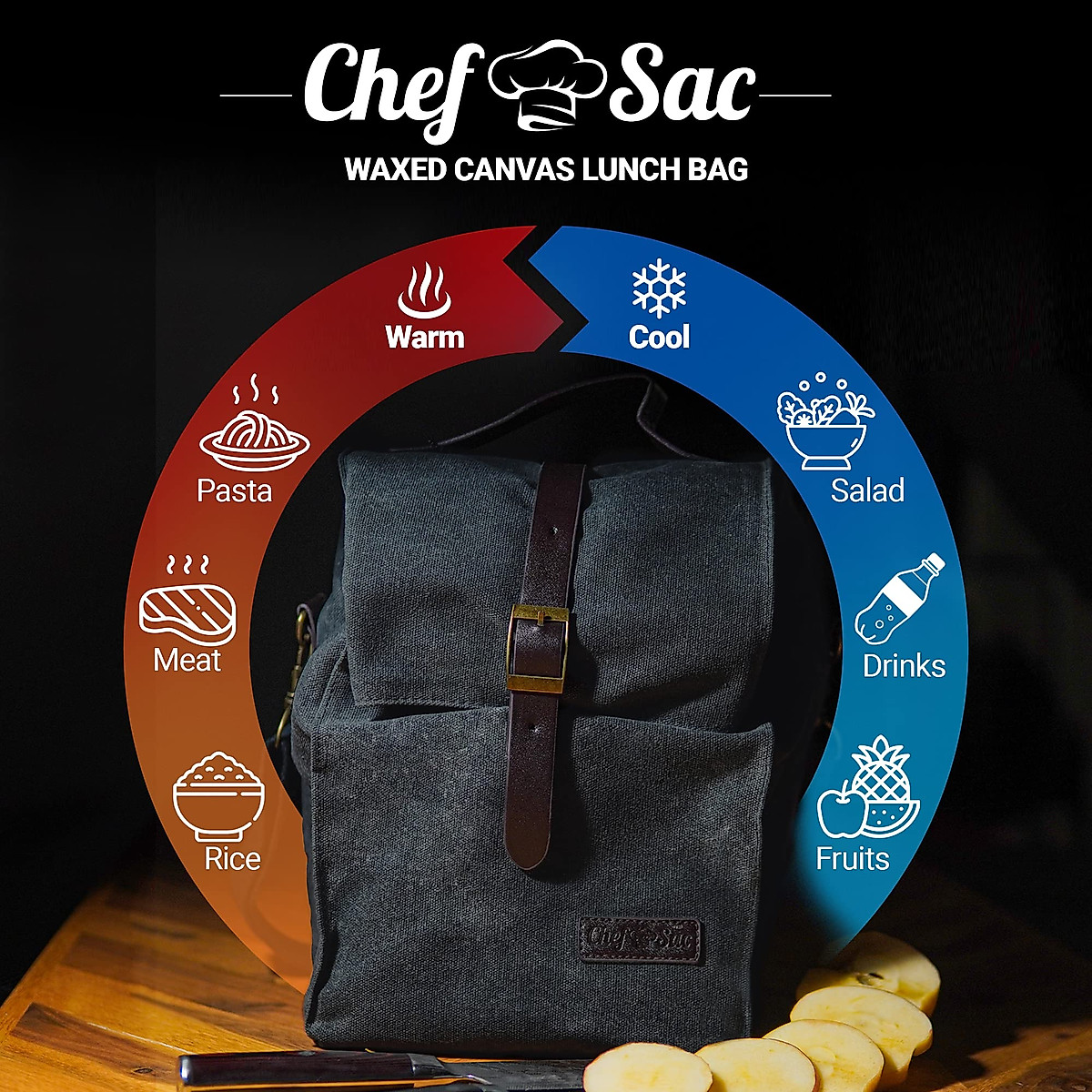 Chef Sac Waxed Canvas Insulated Lunch Bag for Women & Men | Thermal Insulation Material Keeps Food Hot OR Cold | Reusable, Water Resistant & Fits Large Lunch Box | Includes Sling Strap (Black)