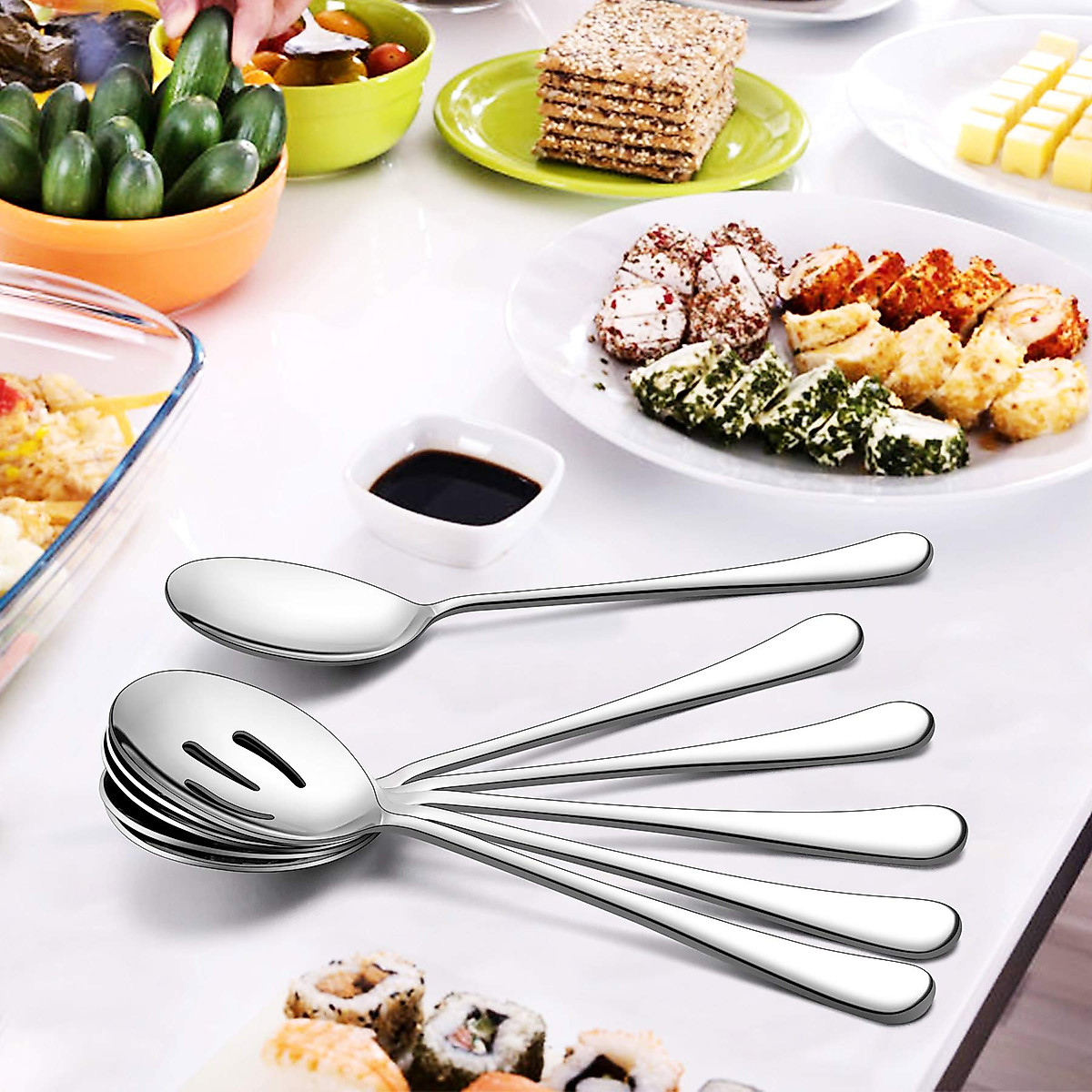 LIANYU Large Serving Spoons and Forks Set of 12, Stainless Steel Buffet Catering Dinner Party Slotted Serving Spoon Fork, 9.8 Inch, Mirror Finished, Dishwasher Safe