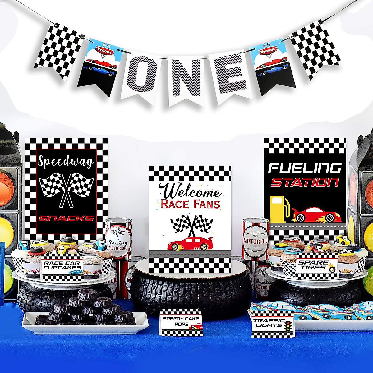 Race Car ONE Highchair Banner 1st Birthday Party Decoration Supplies for Kids Garland Decorations Baby Boy Checkered Pennant Cake Smash Milestone Photo Prop, Multi, 6.5 * 4.5 INCHES Flag