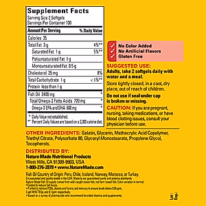 Nature Made Burp Less Fish Oil 1200 mg, Fish Oil Supplements, Omega 3 Fish Oil for Healthy Heart Support, Omega 3 Supplement with 200 Softgels, 100 Day Supply