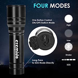 eremido LED Flashlight, 2023 New White Strong Light, Durable Metal Aluminum Material, IP44 Waterproof, Four Modes switchable, Micro USB Charging, can be Used for Indoor and Outdoor Emergency use