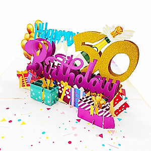 Liif 50th Birthday 3D Greeting Pop Up Card, Happy 50th Birthday Card For Women, Men, Husband - Balloon, Champagne, Funny, Fifty, Celebration| With Message Note & Envelop | Size 8" X 6"