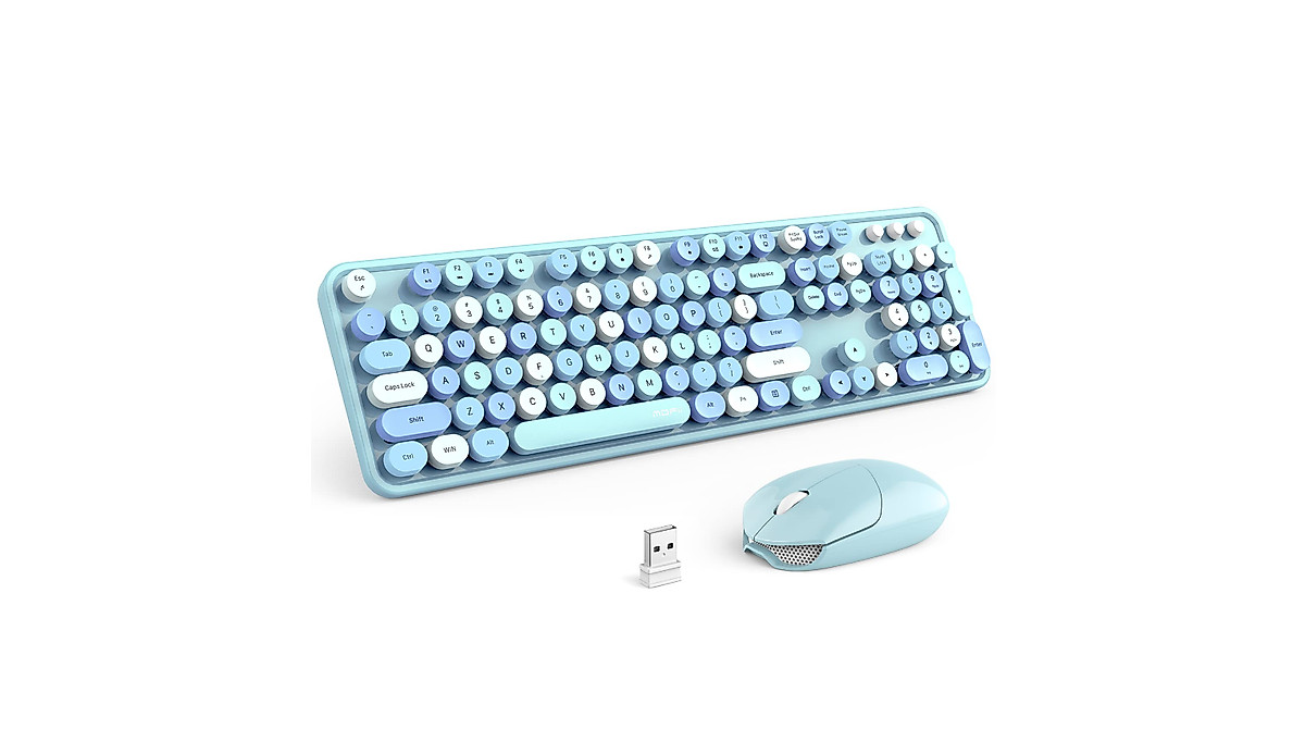MOFII Wireless Keyboard and Mouse - Blue Retro Full-Size Setup
