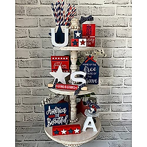 8 Pieces Patriotic Farmhouse Tiered Tray Decor Set, Rustic Wooden Home Coffee Bar Mini Signs for 4th of July Decors, Small Tiered Tray Stand Vintage Items Bulk Independence Day (God Bless America-5)